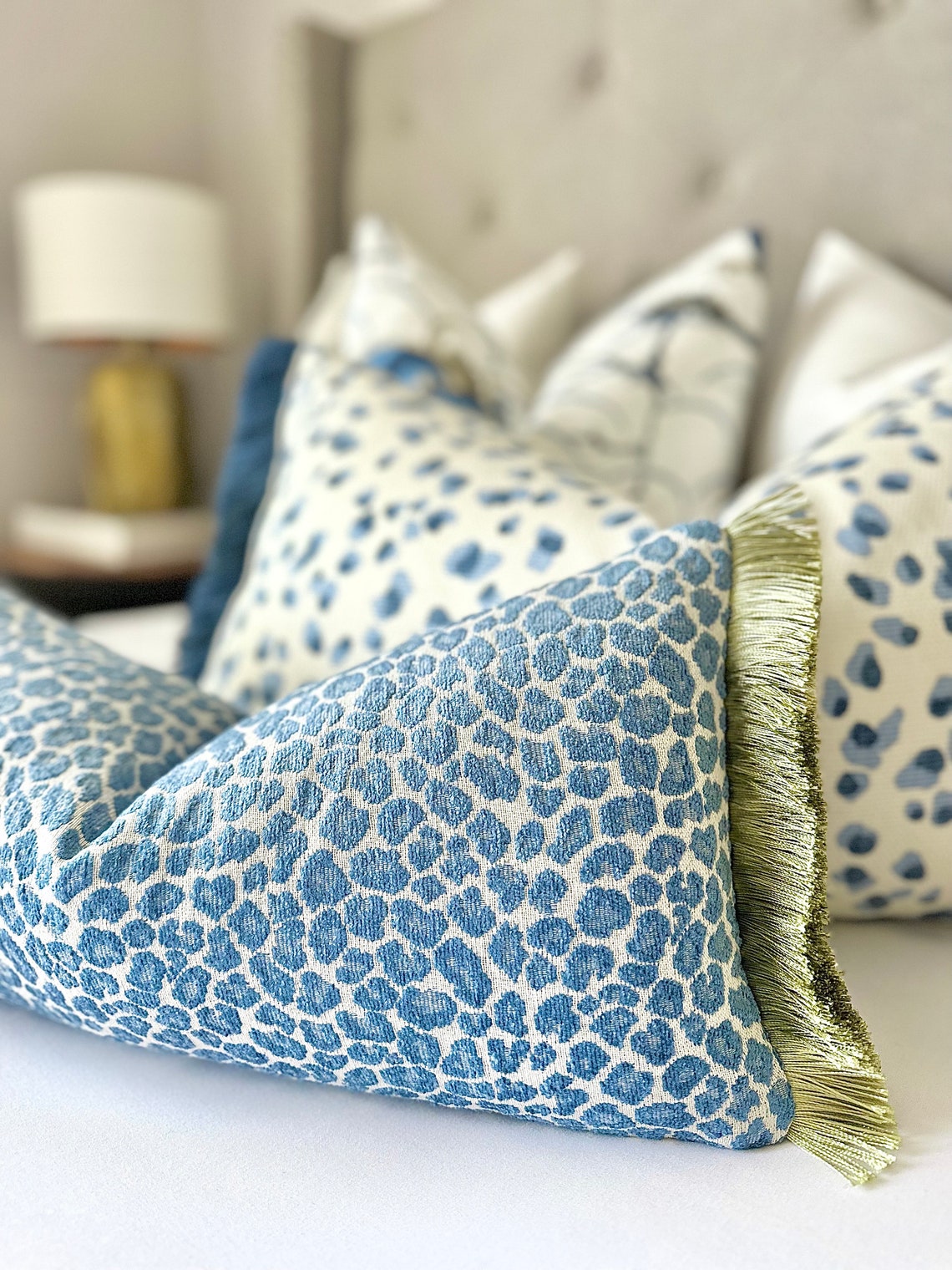 Blue Cheetah Throw Pillow Cover With Green Brush Fringe, Chenille Blue ...