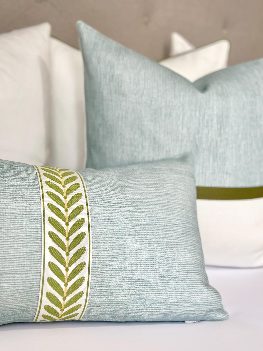 Seaglass Throw Pillow Cover With Green Decorative Tape Detail, Seaglass ...