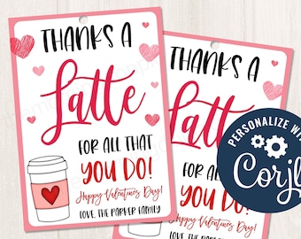 Printable/editable Coffee Thank You Valentines Day Gift Tag | Etsy