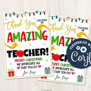 Printable/editable Amazing Teacher Christmas Gift Tag Happy Holidays ...