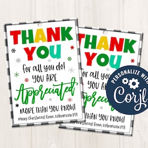 Printable/editable Thank You Appreciation Winter Christmas Holiday Gift ...