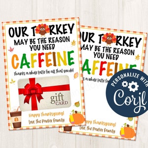 Printable/editable Fall Thanksgiving Coffee Caffein Gift Card Holder ...