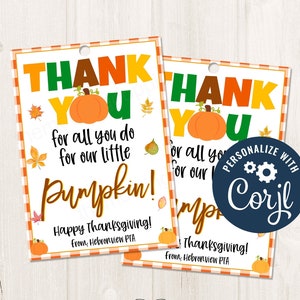 Printable/editable Thank You Appreciation Pumpkin Fall Thanksgiving ...