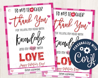 Printable/editable Teacher Appreciation Valentines Gift Tag | Etsy