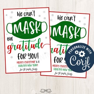 Printable/editable Can't MASK Gratitude Christmas Holiday Gift Tag for ...