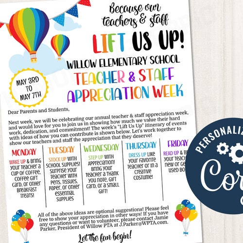 Editable Teacher and Staff Appreciation Week Schedule - Etsy