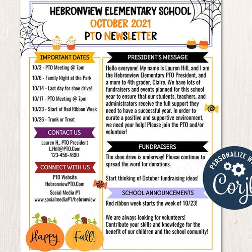 October PTO PTA Editable Newsletter October Flyer Template - Etsy