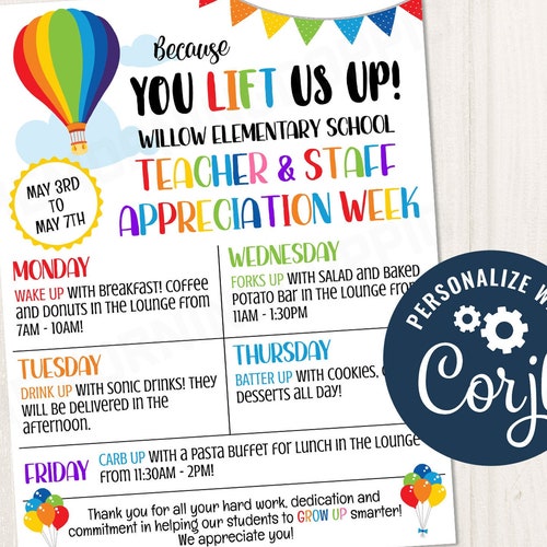 EDITABLE Lift Us up Teacher and Staff Appreciation Week - Etsy