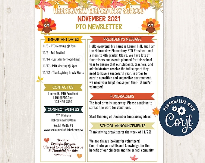 Editable November PTO PTA Newsletter Flyer Printable School - Etsy