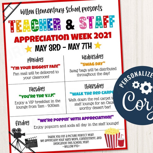Hollywood Teacher Appreciation Week Itinerary Flyer Movie | Etsy