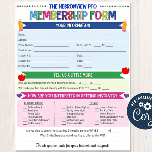 Printable/editable PTO PTA Membership Form Pto/pta Parent - Etsy