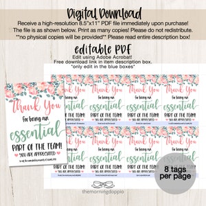 Printable/editable Employee Gift Tag, Essential Employee Staff ...