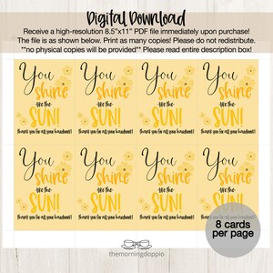Printable You Shine Like the Sun Sunshine Appreciation Gift Tag for ...