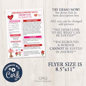 Editable February PTO PTA Newsletter Flyer Printable, School Year ...