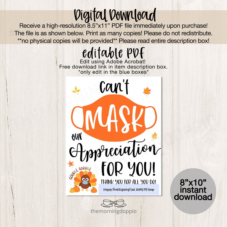 Printable/editable Can't Mask Appreciation Thanksgiving/fall Sign ...