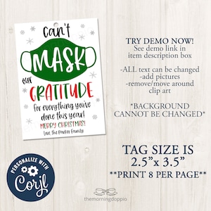 Printable/editable Can't Mask Gratitude for You Christmas Gift Tag ...