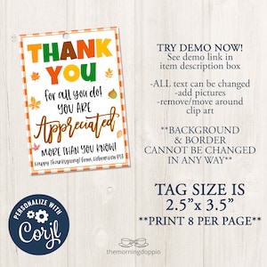 Printable/editable Thank You Appreciation Fall Thanksgiving Gift Tag ...