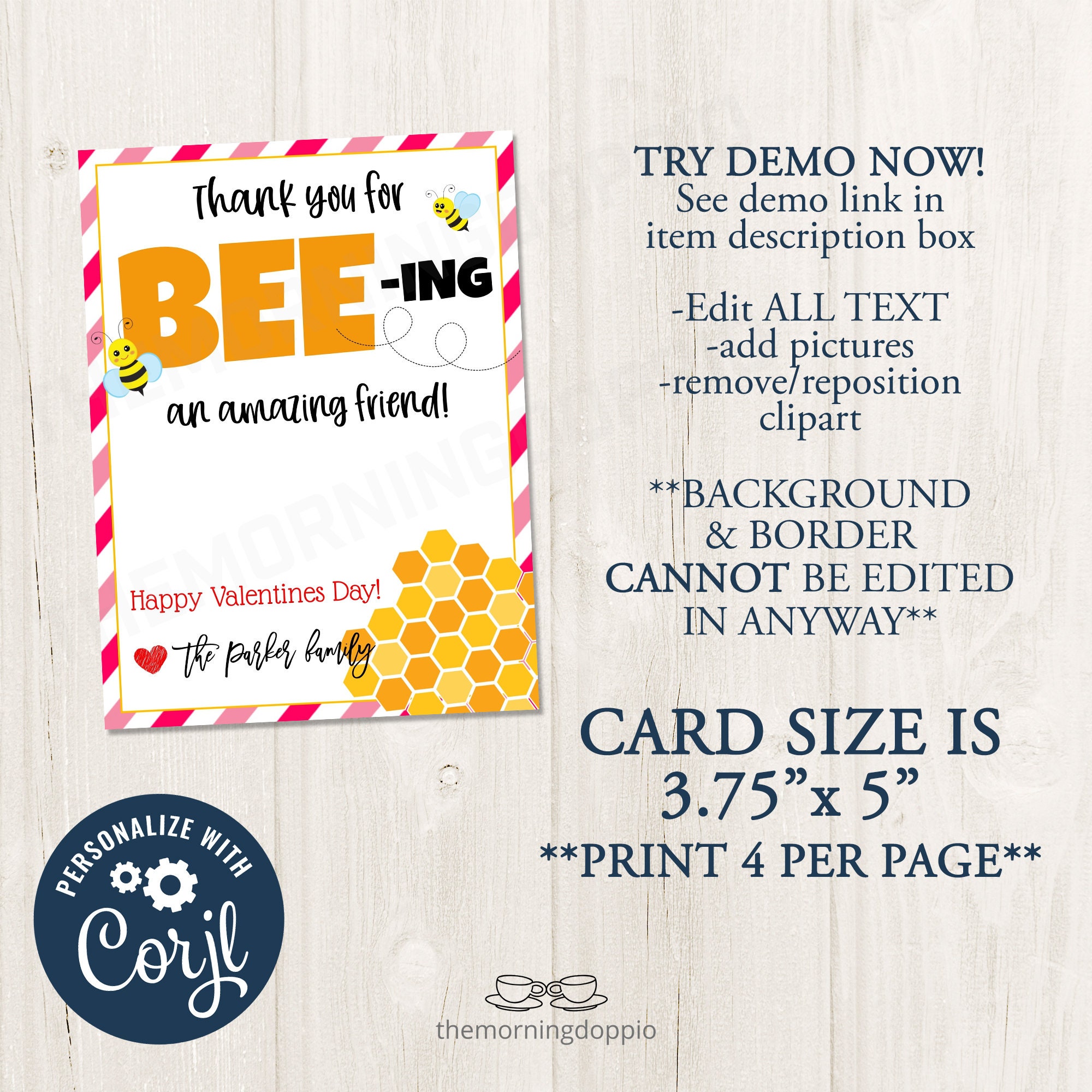 Printable/editable Valentines Day Thank You for Bee-ing - Etsy