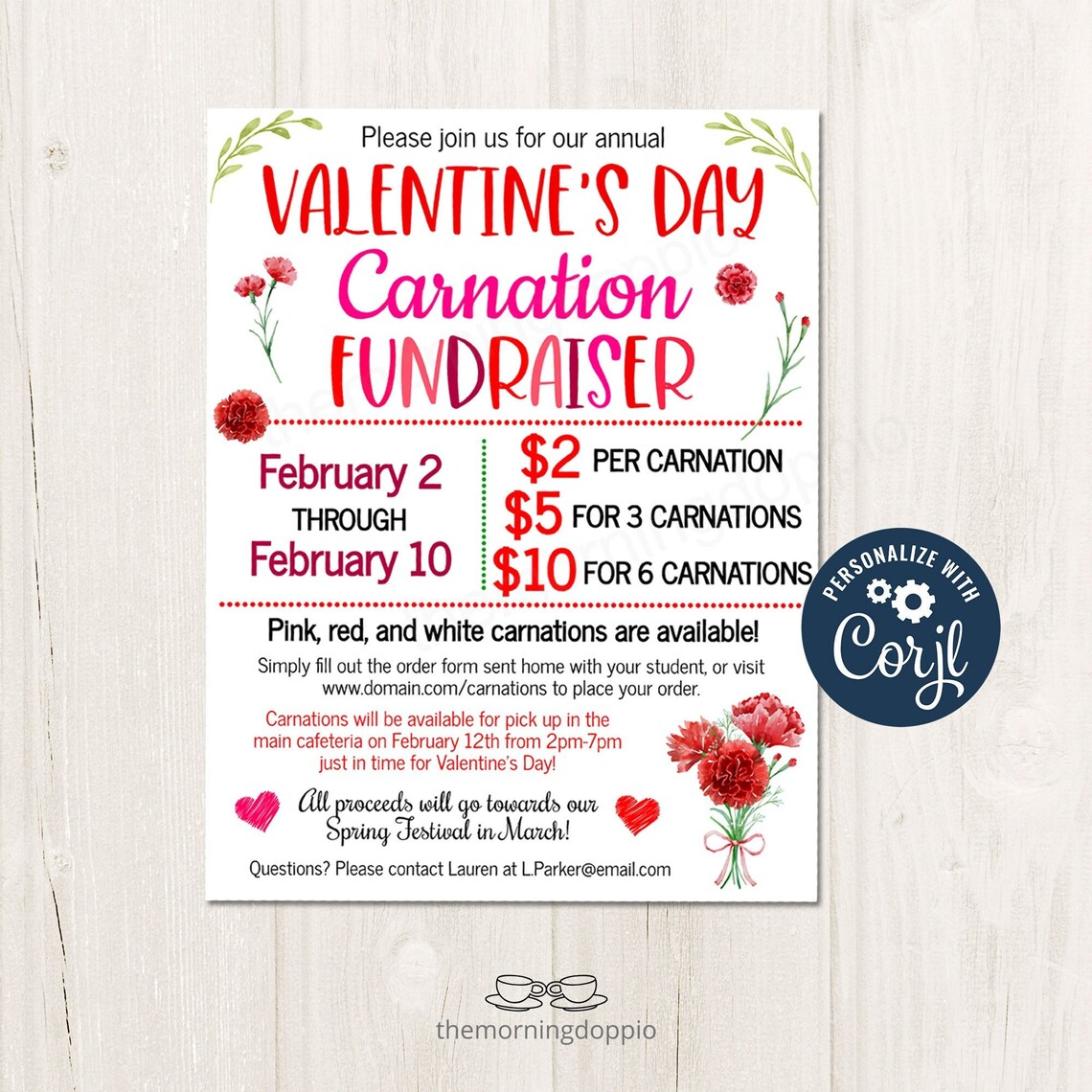 Valentine's Day Carnations Flower Fundraiser Flyer, Printable Editable ...