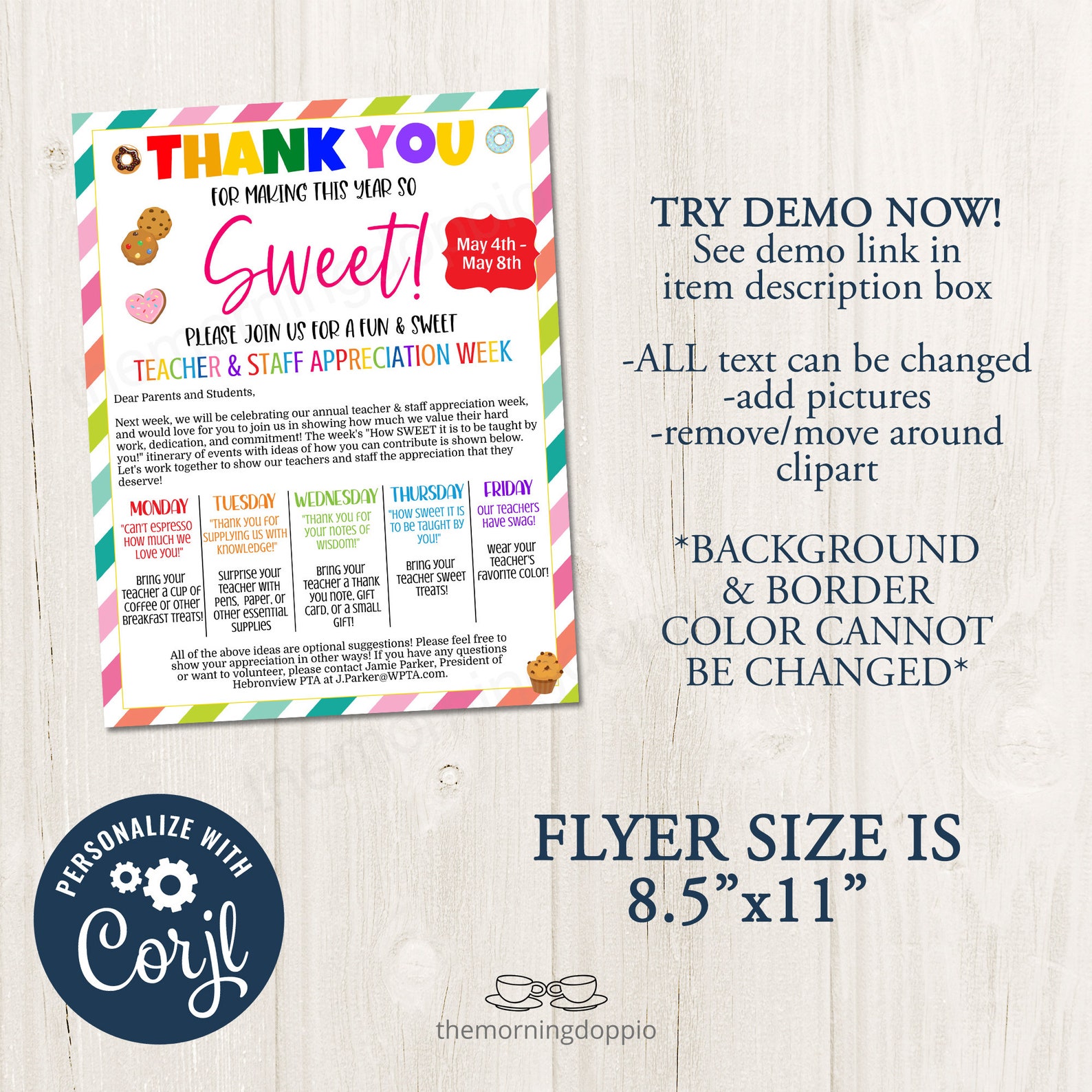 Printable/editable Sweets Donut Parent Letter Teacher Staff Appreciation Week PTO PTA Itinerary ...