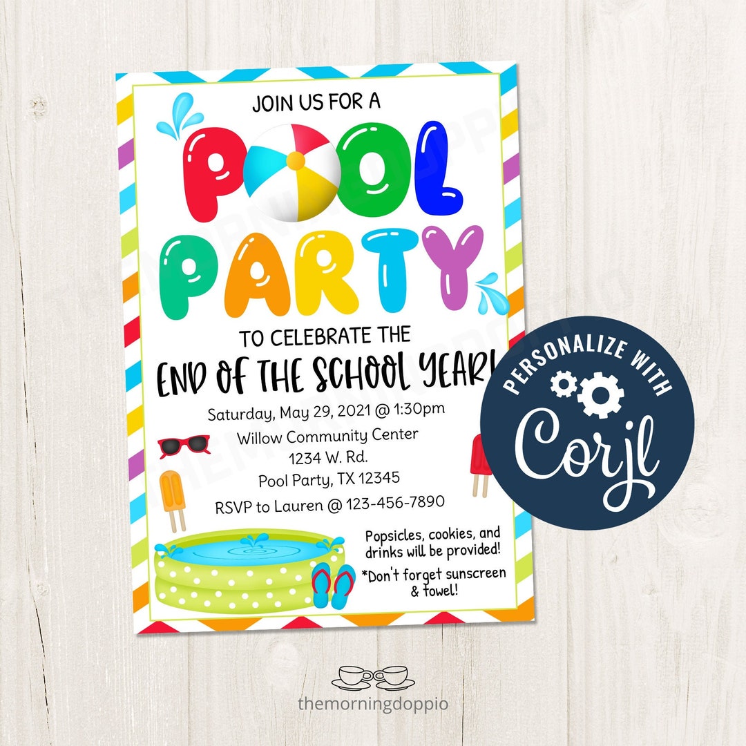 Pool Party End of the School Party Invitation Digital Editable Template ...