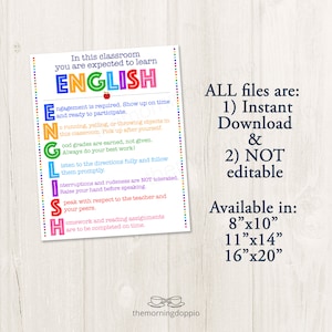 Printable English Classroom Rules Poster Decor Decoration, Language ...