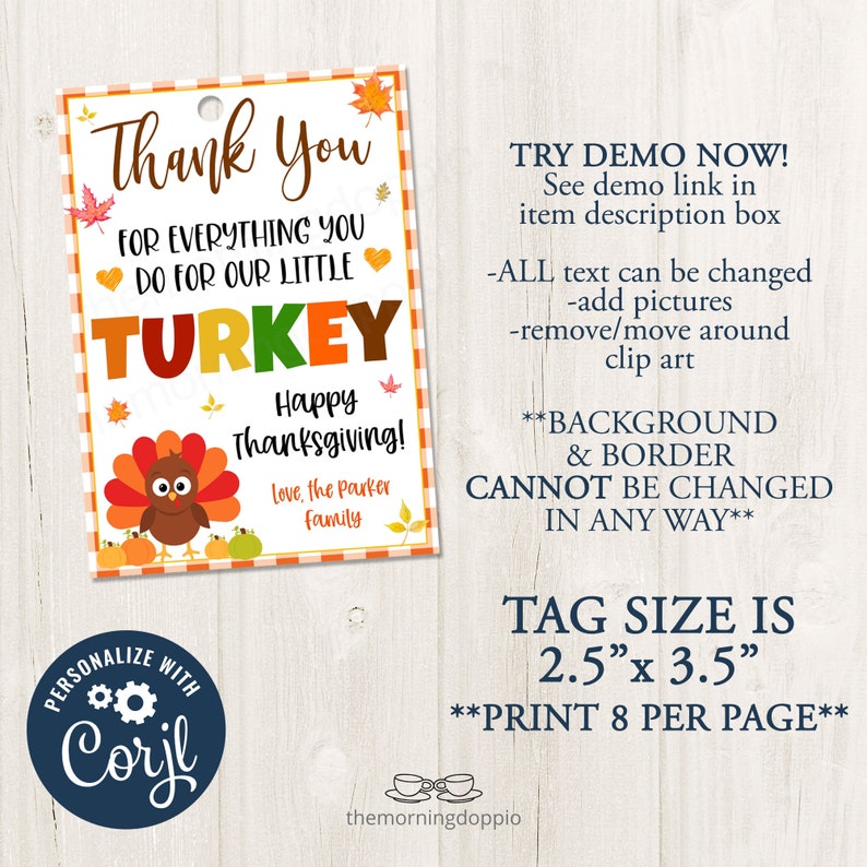 Printable/editable Thanksgiving Turkey Thank You Fall Gift Tag - Etsy