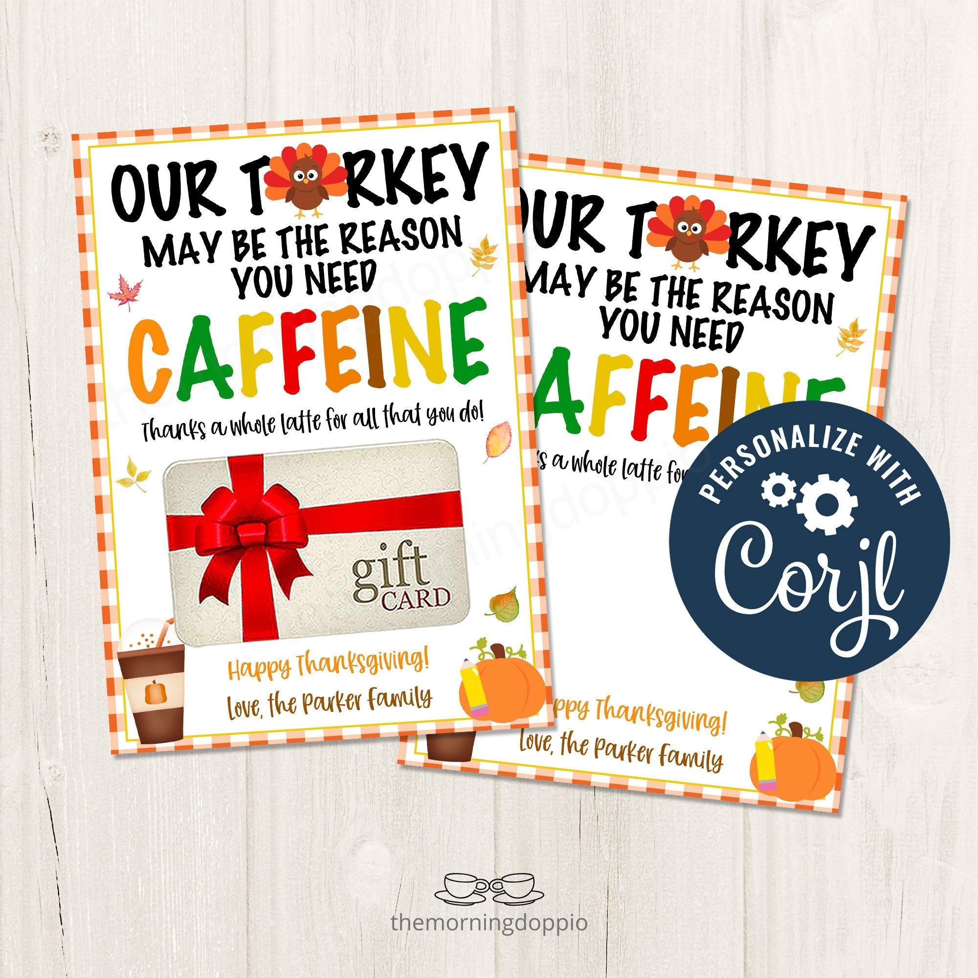 Printable/editable Fall Thanksgiving Coffee Caffein Gift Card Holder ...