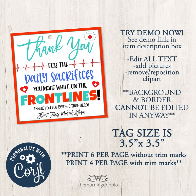 Printable/editable Thank You for Being a Frontline Hero Gift - Etsy