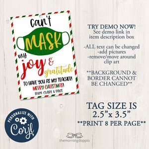 Printable/editable Can't Mask Joy and Gratitude Teacher Christmas Gift ...