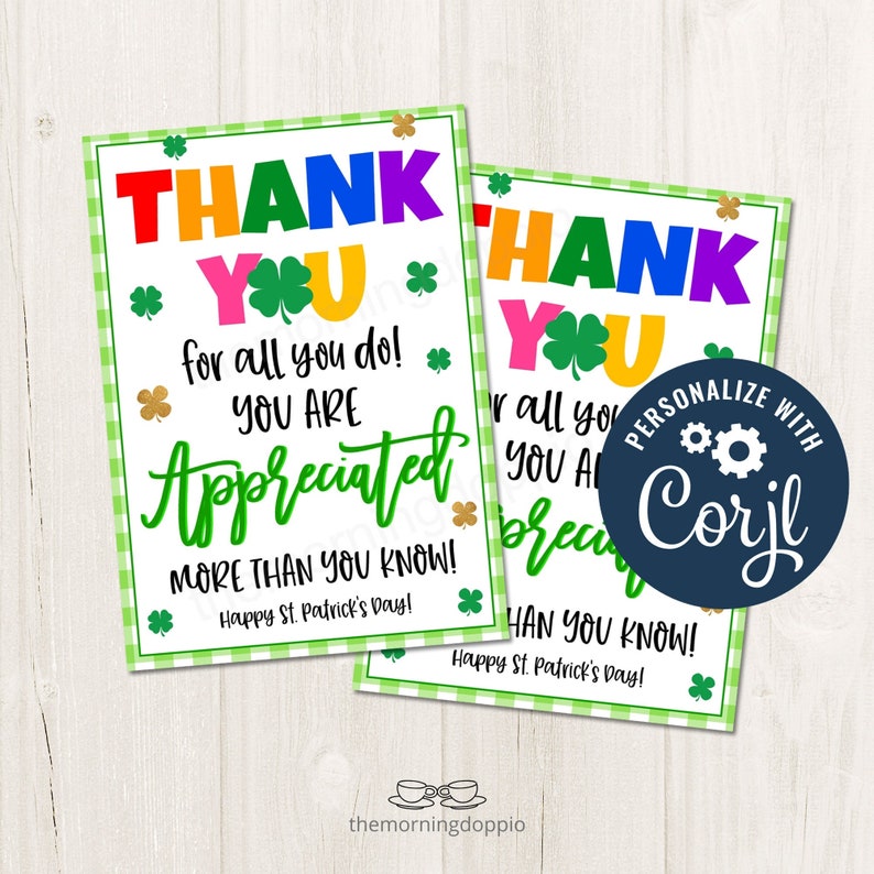 Printable/editable Thank You Appreciation Spring St. Patrick's Day Gift ...