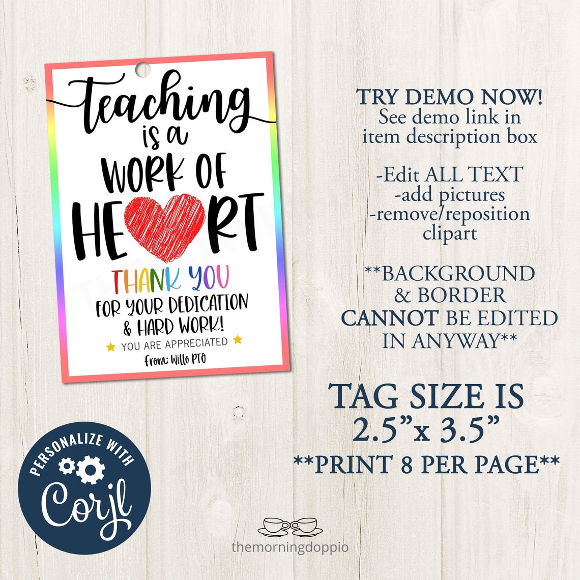 Printable/editable Teaching is a Work of Heart Gift Tag for Teacher ...