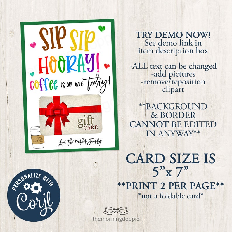 Printable/editable Sip Sip Hooray Coffee Gift Card Holder for - Etsy