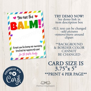 Printable/editable You're the BALM Chapstick Card for Teachers Staff ...