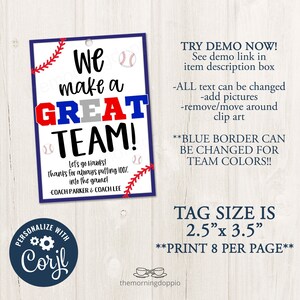 Printable/editable Baseball Team Gift Tag, Baseball Game Day Tag, We ...