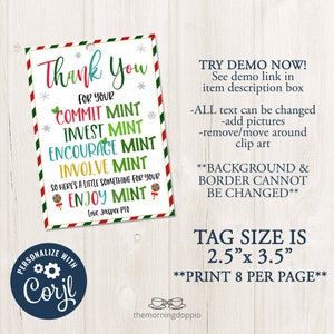 Printable/editable Thank You Mint Gum Candy Christmas Appreciation Tag ...