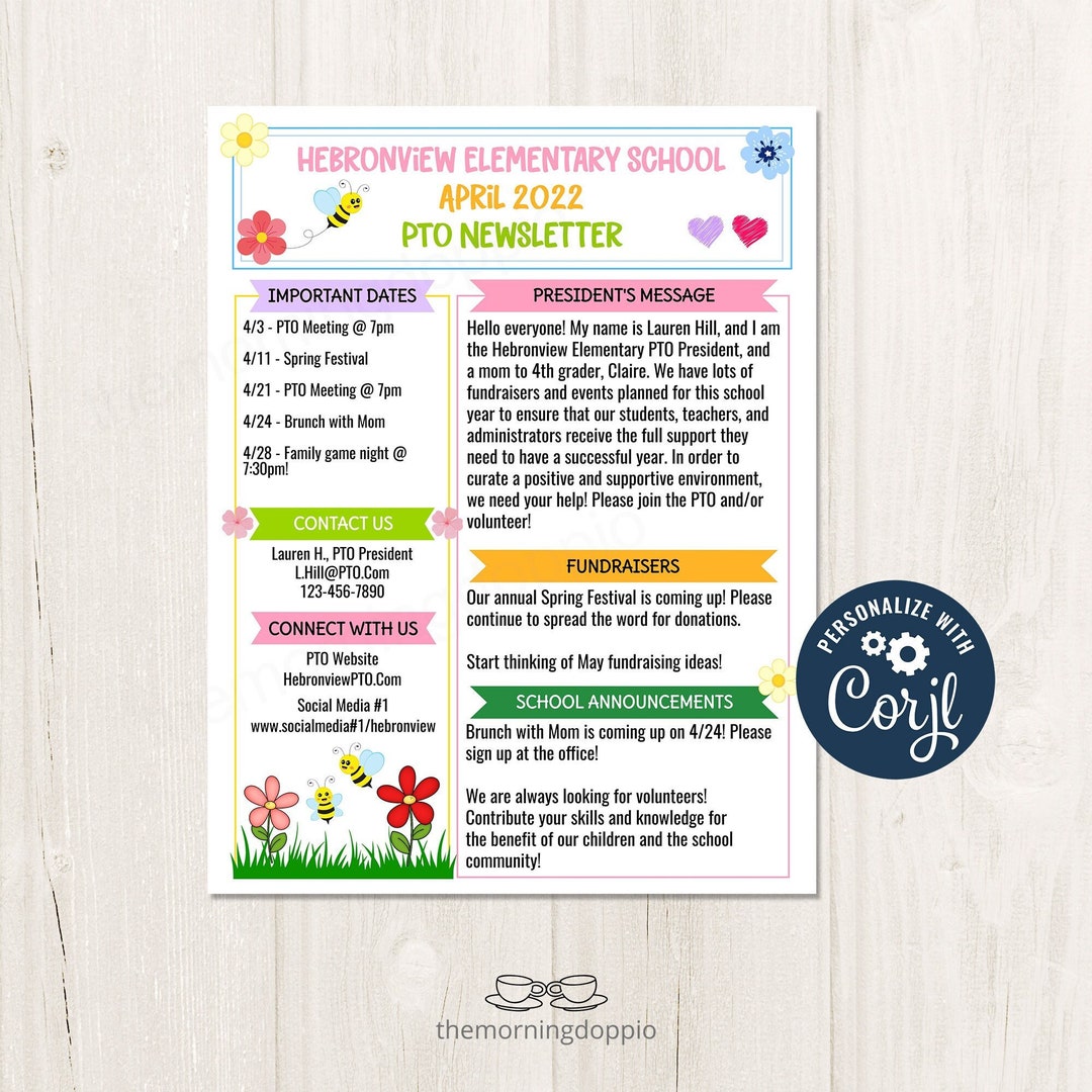 Editable April PTO PTA Newsletter Flyer Printable, School Year Parent ...