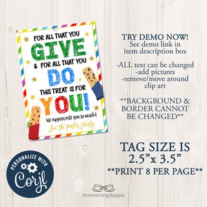 Printable/editable Granola Bar Thank You Appreciation Gift Tag for ...