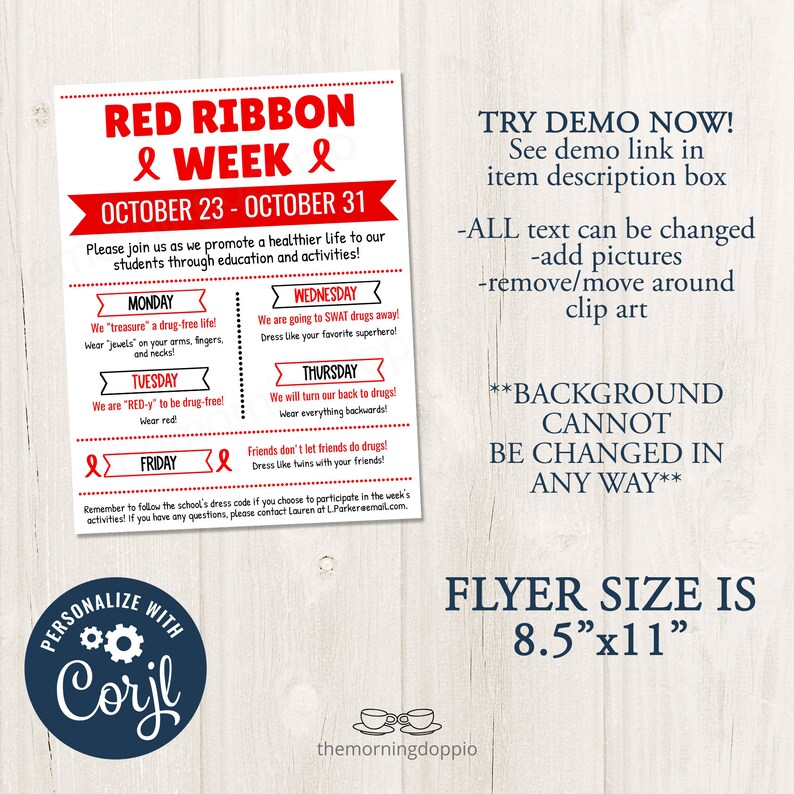 Red Ribbon Week Itinerary Flyer Template Printable Editable School PTO ...