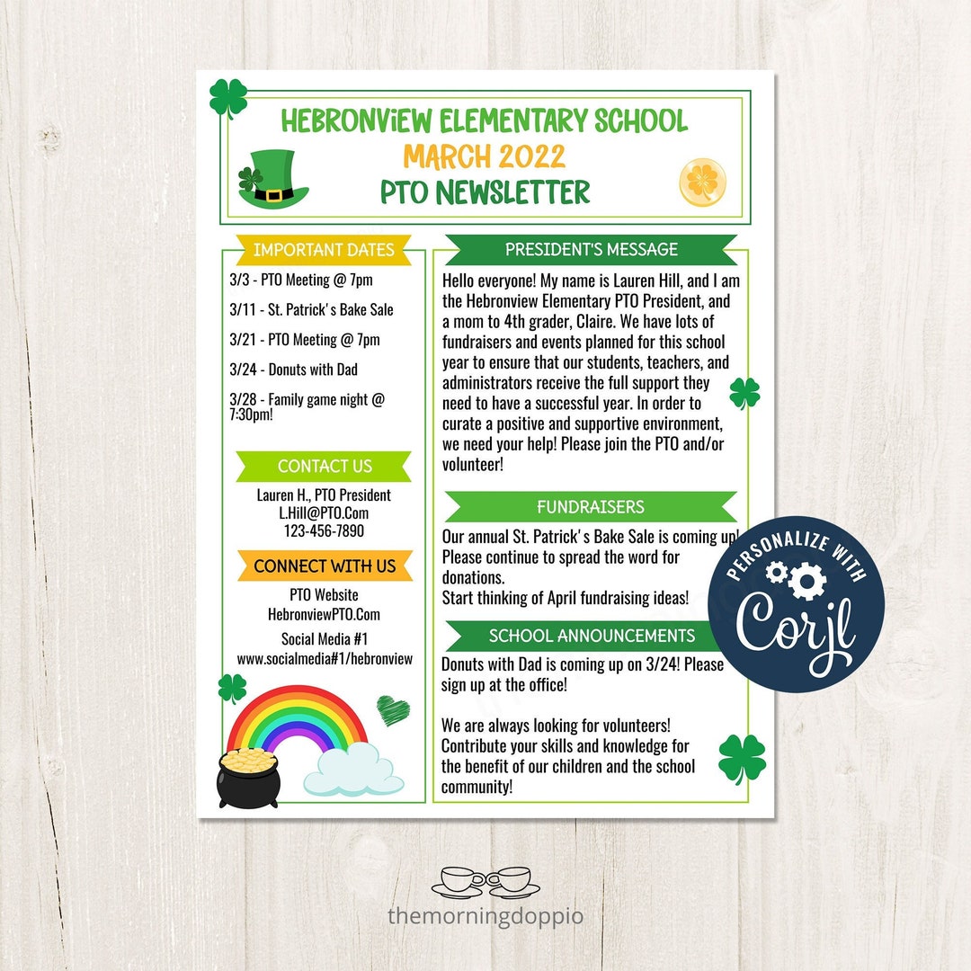 Editable March PTO PTA Newsletter Flyer Printable, School Year Parent ...