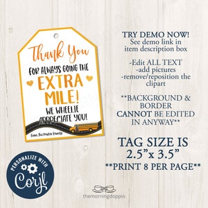 Printable/editable Thank You for Always Going the Extra Mile Bus Driver ...