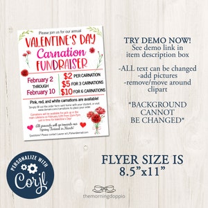 Valentine's Day Carnations Flower Fundraiser Flyer, Printable Editable ...