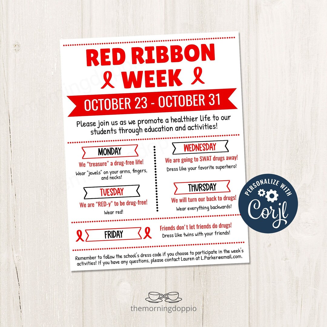 Red Ribbon Week Itinerary Flyer Template Printable Editable School PTO ...