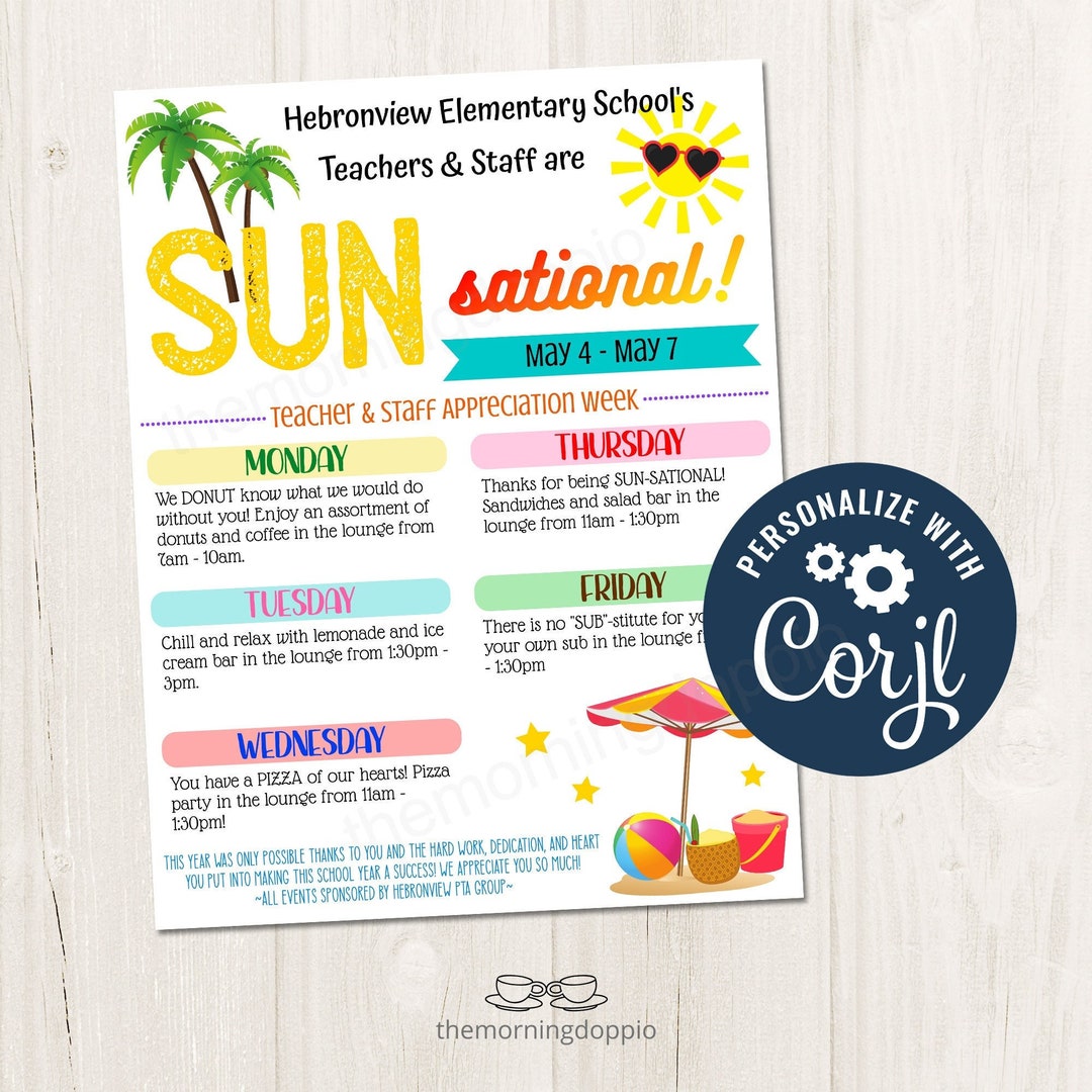 Printable/editable Sun-sational Theme Teacher and Staff Appreciation ...