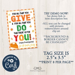 Printable/editable Thank You Appreciation Pie Fall Thanksgiving Gift ...