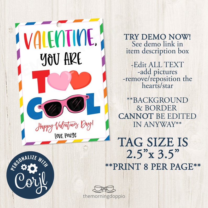Printable/editable Valentine You Are Too Cool Sunglasses - Etsy
