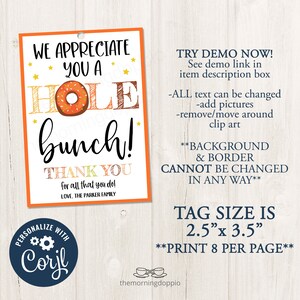 Printable/editable We Appreciate You a HOLE Bunch Gift Tag, Donut Thank ...