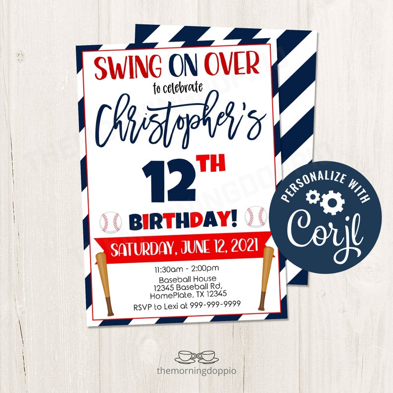Baseball Birthday Party Invitation Digital Editable Template, Swing on ...