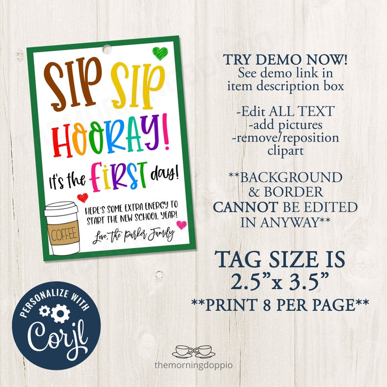 Printable/editable Sip Sip Hooray Coffee First Day of School - Etsy