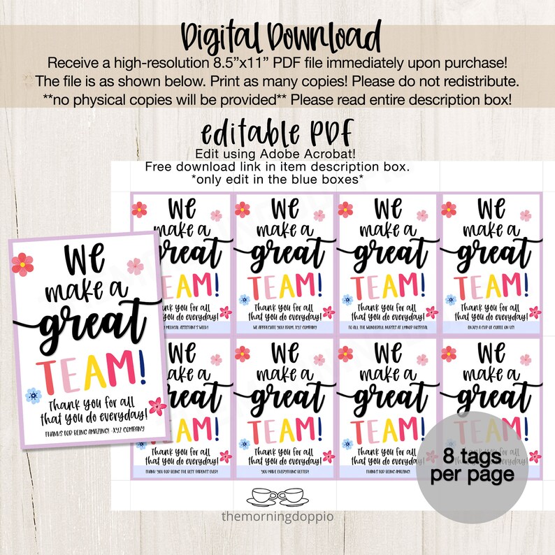 Printable/EDITABLE We Make a GREAT TEAM Gift Tag Appreciation | Etsy